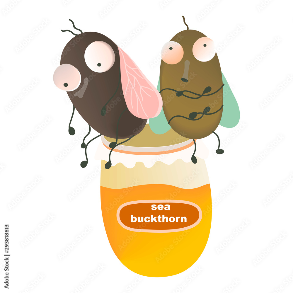 Cute fly insect cartoon characters. Flyes sitting on tne jar of jam ...