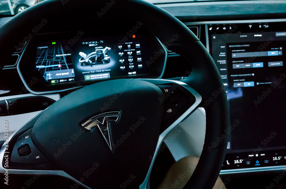 FORTE DEI MARMI, ITALY - JUL, 16: Digital dashboard on teslacar model x ...
