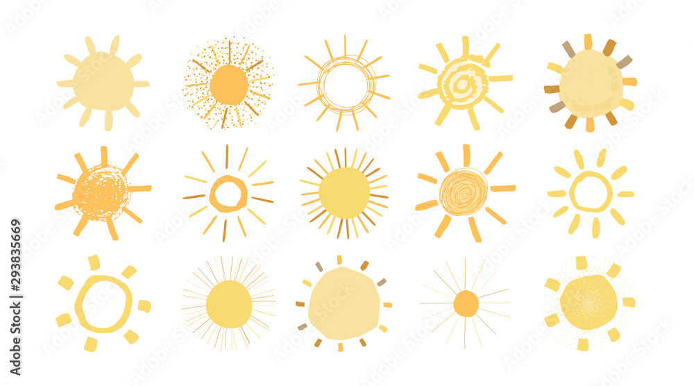 Set of yellow suns in hand drawn style isolated on white background ...