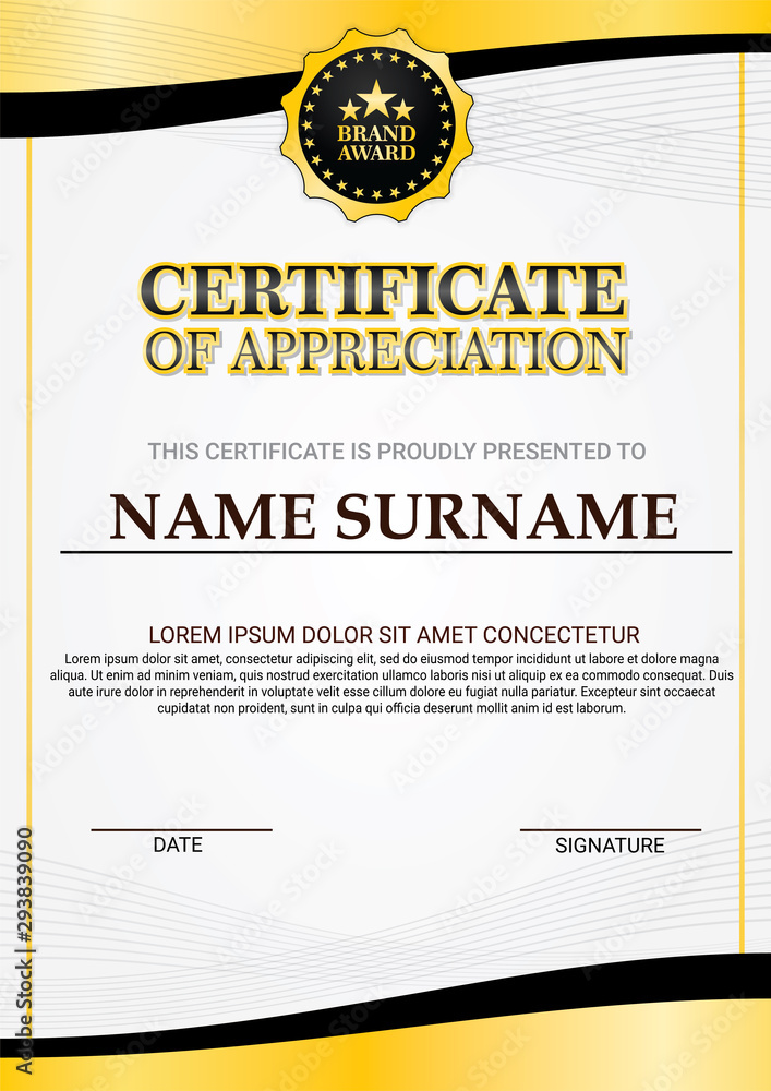 Portrait certificate background template with gold & black curved frame ...