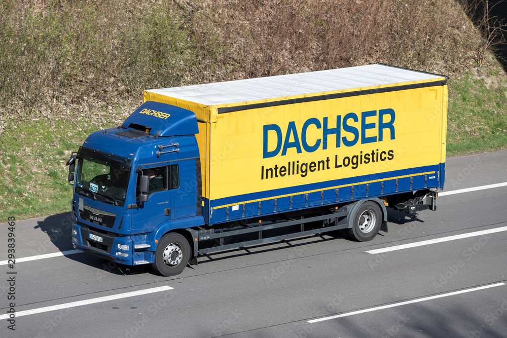 WIEHL, GERMANY - MARCH 30, 2019: Dachser truck on motorway. Dachser is ...