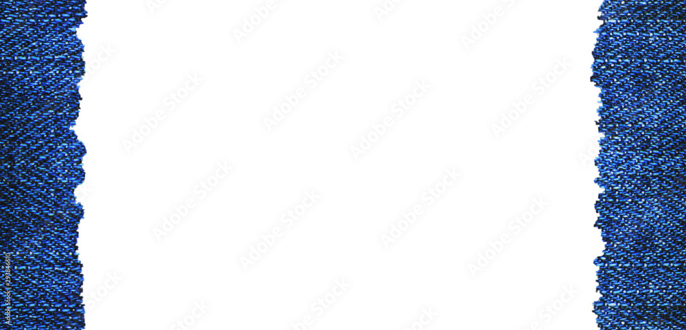 Blue jeans background frame. Ripped denim fabric banner with empty ...