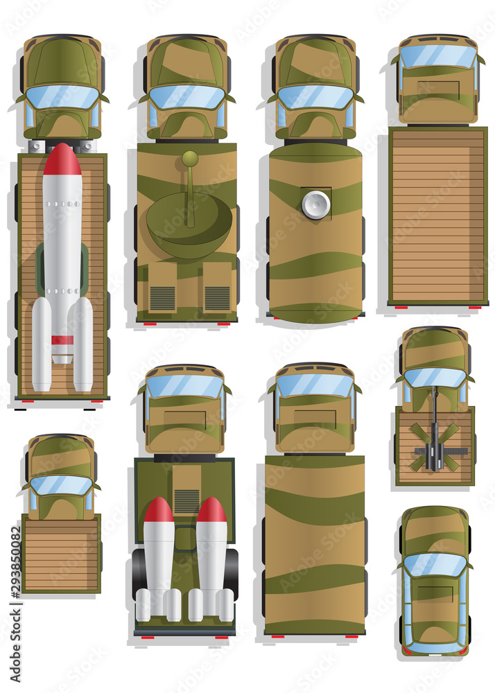 A set of military vehicles. View from above. Isolated on white ...
