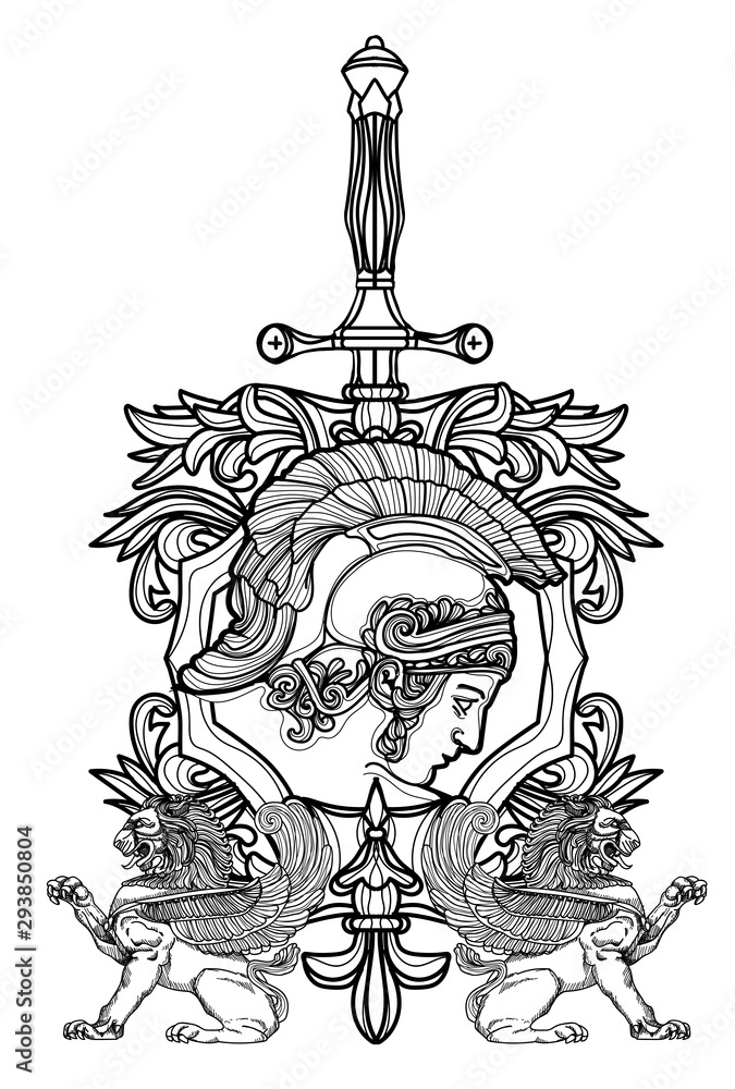 Tattoo art Lion statue and sword man hand drawing black and white Stock ...