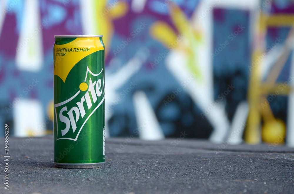 Sprite classic drink can on blurred colorful background outdoors Stock ...