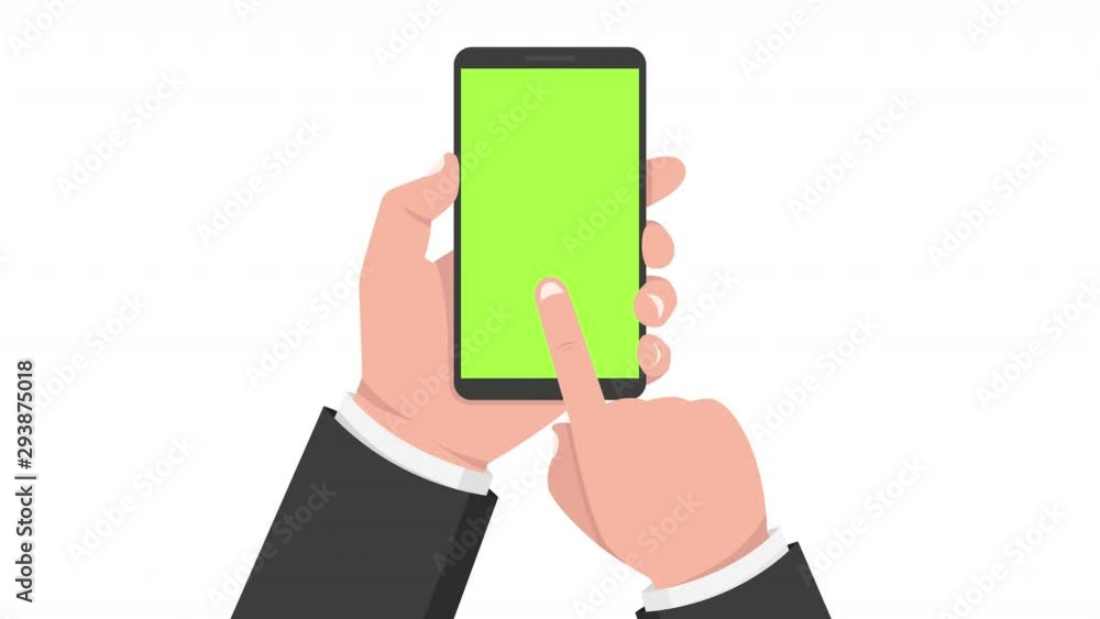 Hand holding smartphone and touching screen isolated on white ...