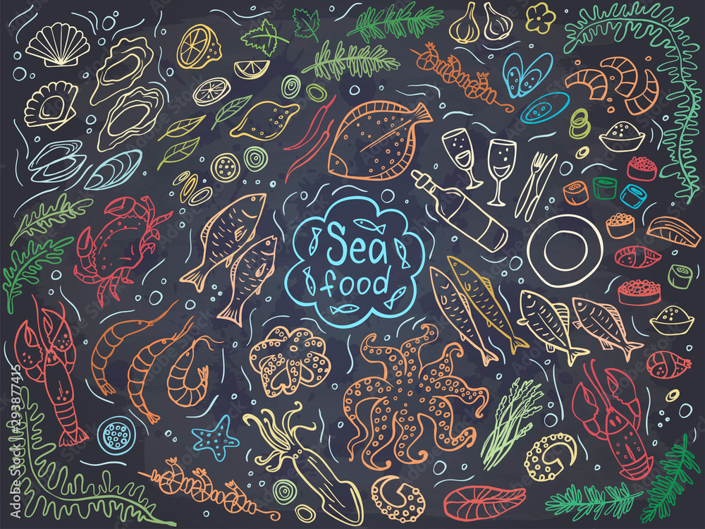 Set of colorful seafood on chalckboard. Vector illustration. Perfect ...