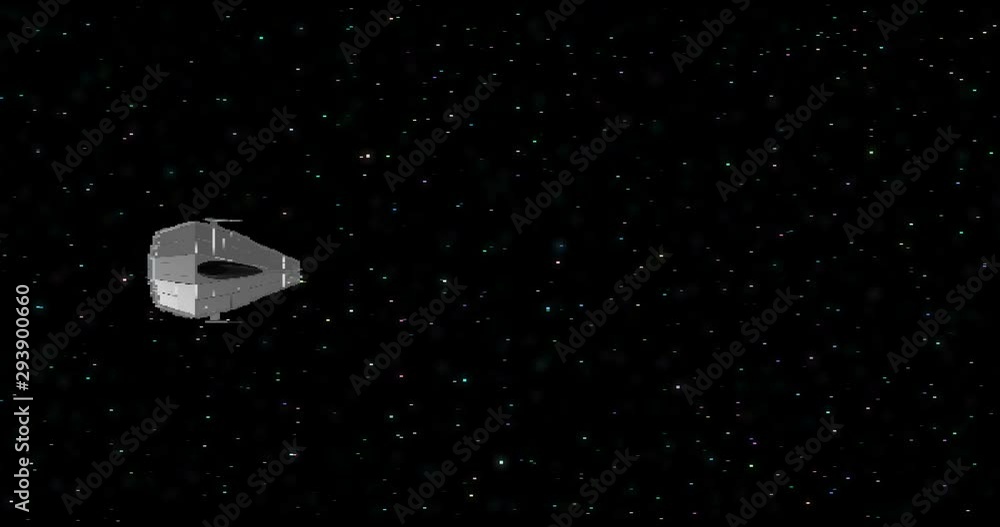 8 bit spaceship in cosmos 3d animation. Flying vehicle in outer space ...