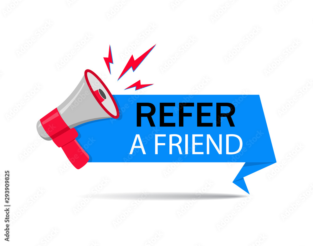 Refer friend loudspeaker badge.Referral program sticker, megaphone for ...