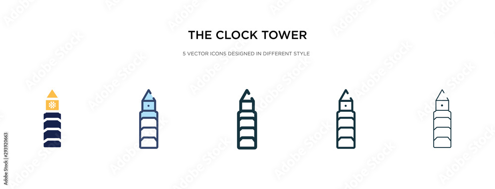 the clock tower icon in different style vector illustration. two ...