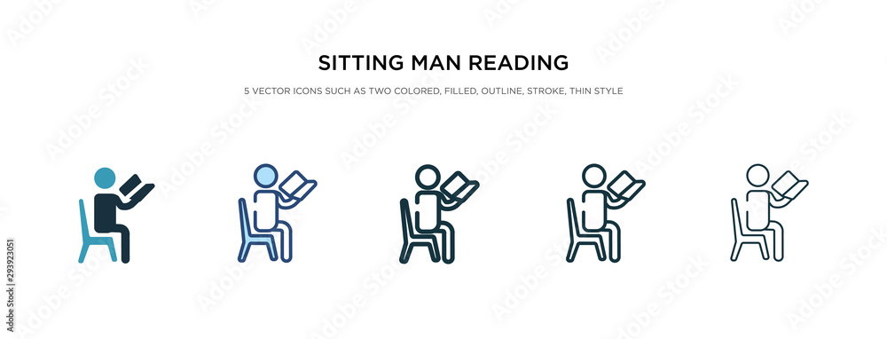 sitting man reading icon in different style vector illustration. two ...