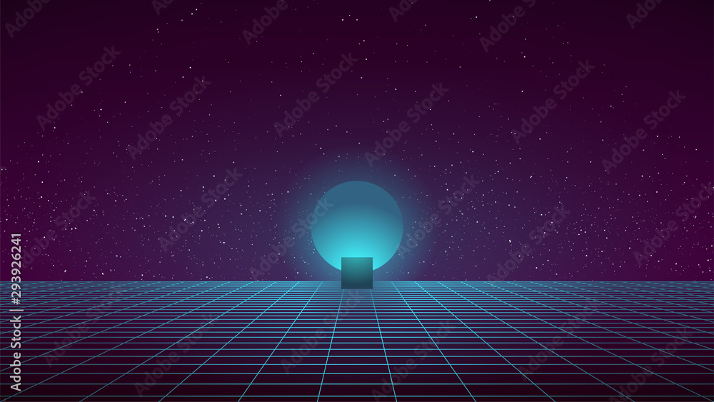 Synthwave background. Retro Futuristic backdrop with perspective grid. Blue sphere with glow ...