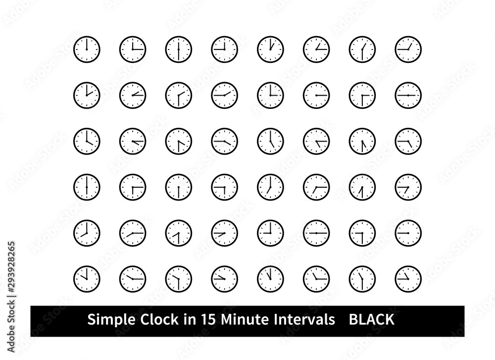 時計のアイコンセット 細かい 文字盤 15分刻み Simple Clock in 15 Minute Intervals 黒 Stock ...