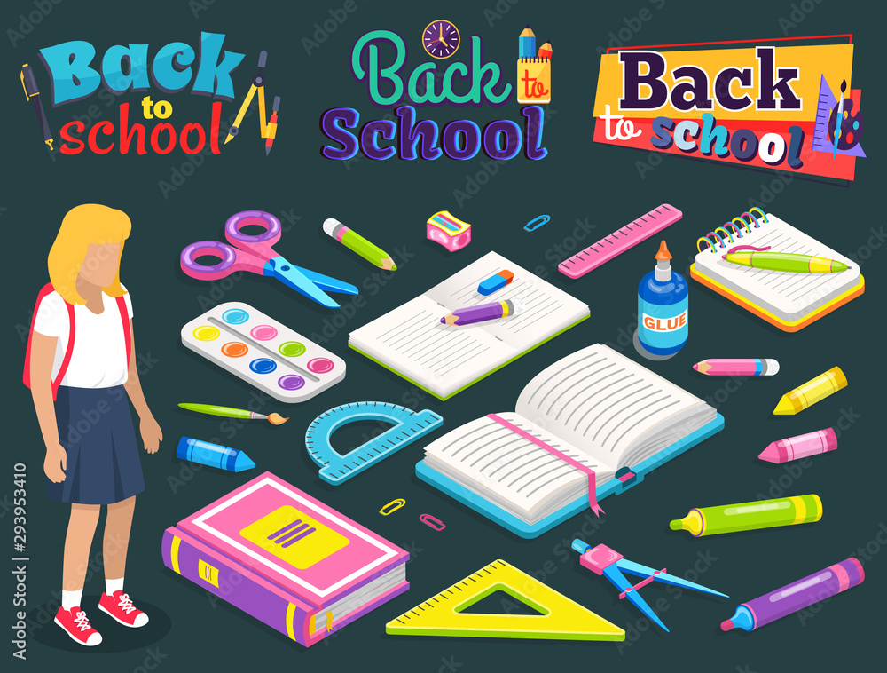 Back to school label, girl with backpack, office accessories. Notebook ...