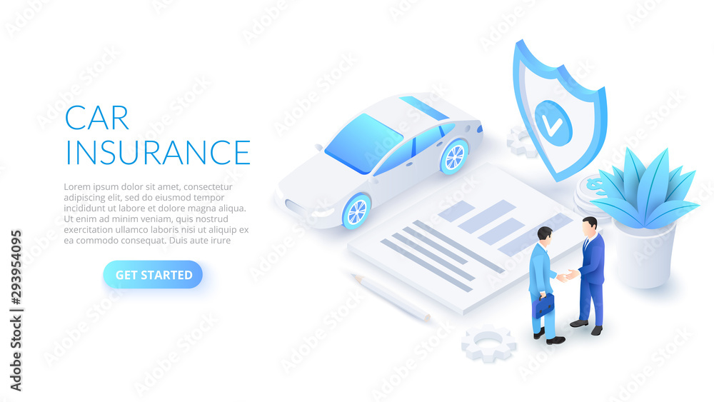 Car insurance design concept with car, shield and contract. Isometric ...