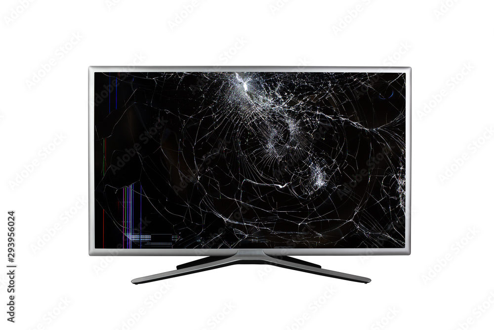 colored stripes and cracks on a broken screen of a liquid crystal ...