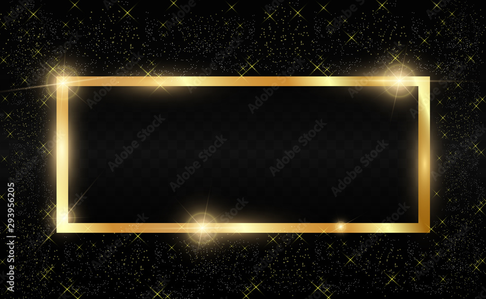 Gold glitter with shiny gold frame on a transparent black background ...