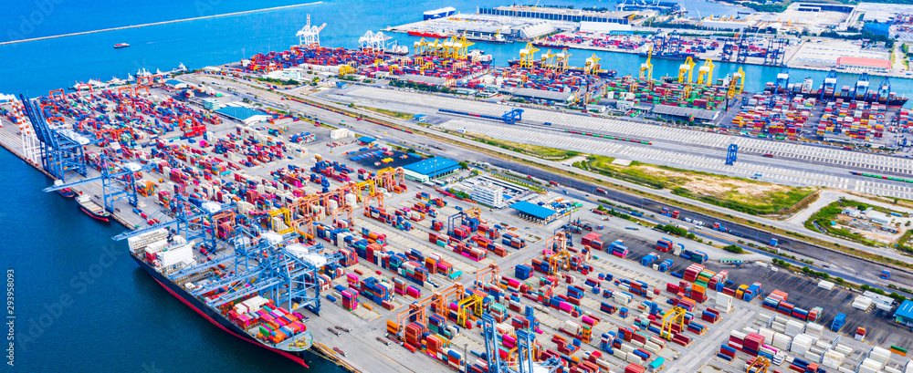 Top view of Deep water port with cargo ship and containers. It is an ...