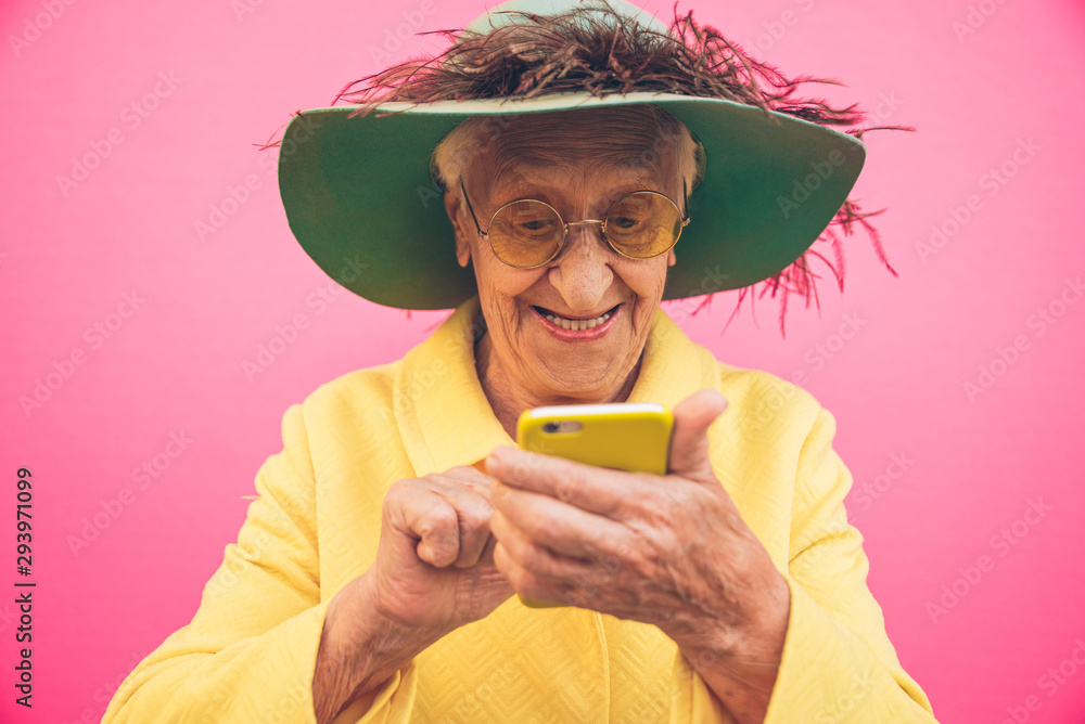 Funny grandmother portraits. Senior old woman, interacting with a ...