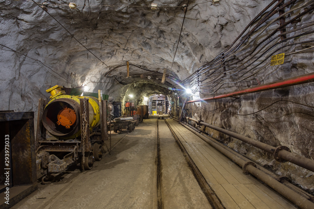 mine ore shaft tunnel drift underground with rails Stock Photo | Adobe ...