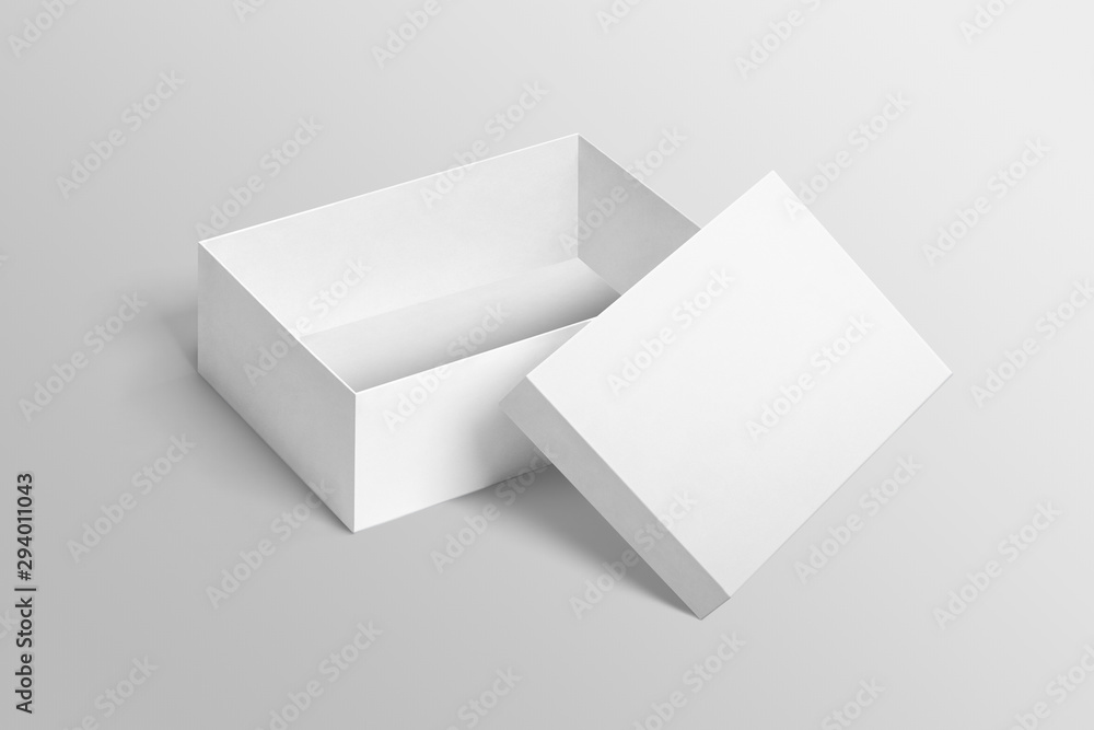 Top view of white plain open shoebox with lid mockup on isolated ...