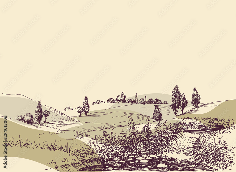 Hills landscape hand drawing. Travel or tourism in nature background ...