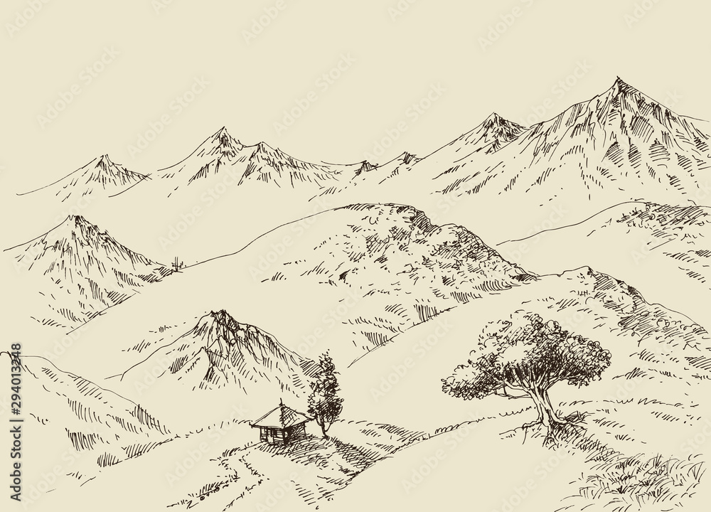 Nature drawing, mountains ranges sketch Stock Vector | Adobe Stock