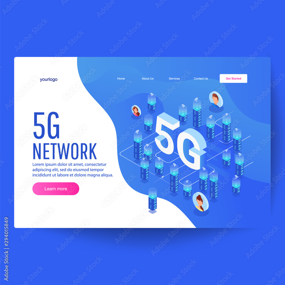 5G network technology, isometric concept of smart city, tall buildings ...