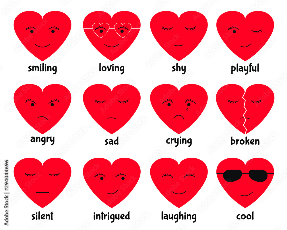 Emotional Heart vector. Set of cute heart doodle with different kinds ...