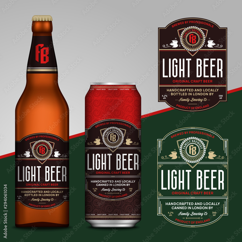 Vector brown and red beer labels. Realistic aluminum can and glass ...