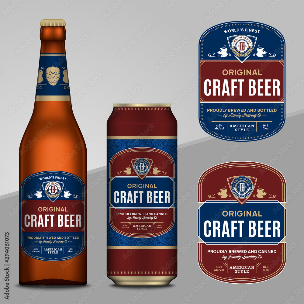 Vector blue and brown beer labels. Realistic aluminum can and glass ...