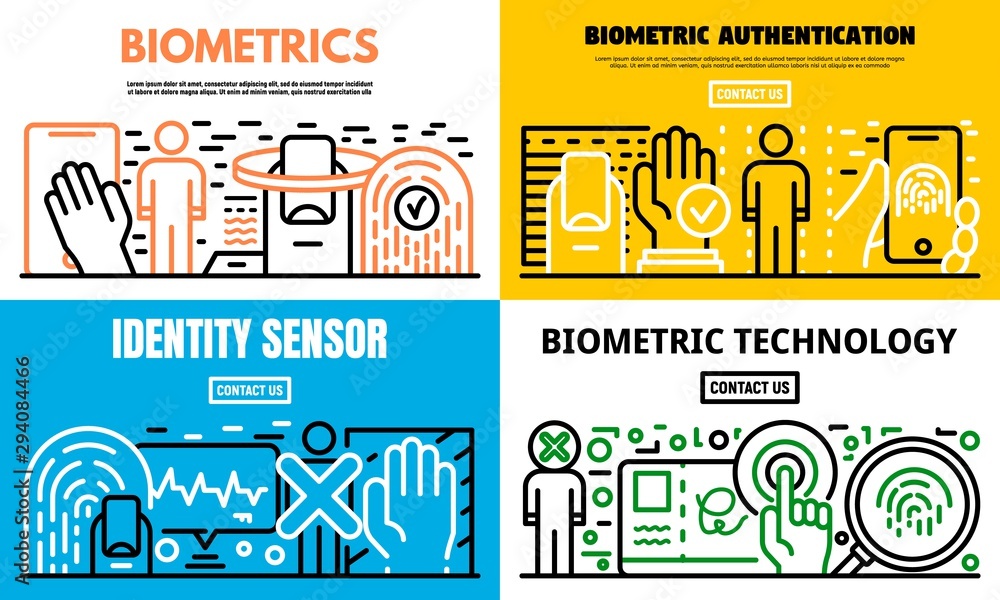 Biometric recognition banner set. Outline set of biometric recognition ...