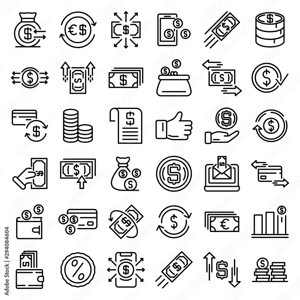 Cash back icons set. Outline set of cash back vector icons for web ...
