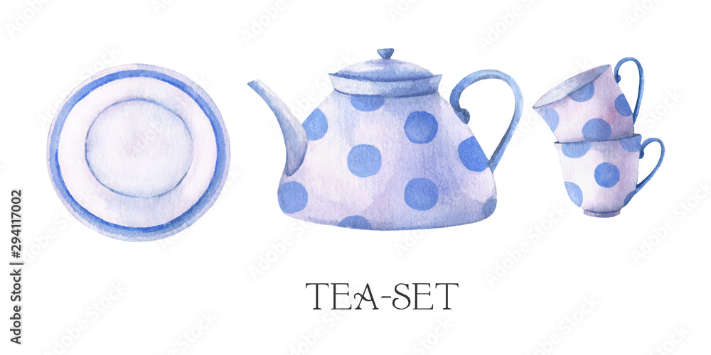 Watercolor tea set. Illustration of a teapot, cups and saucers with a ...