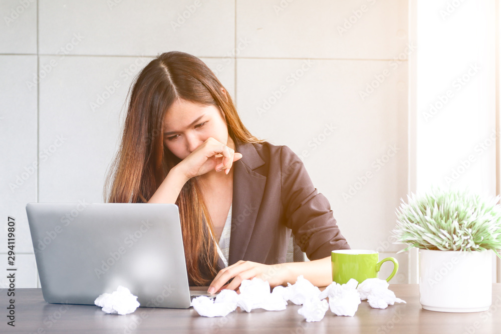 a office lady feeling sick and nasal congestion with snot and sneeze ...