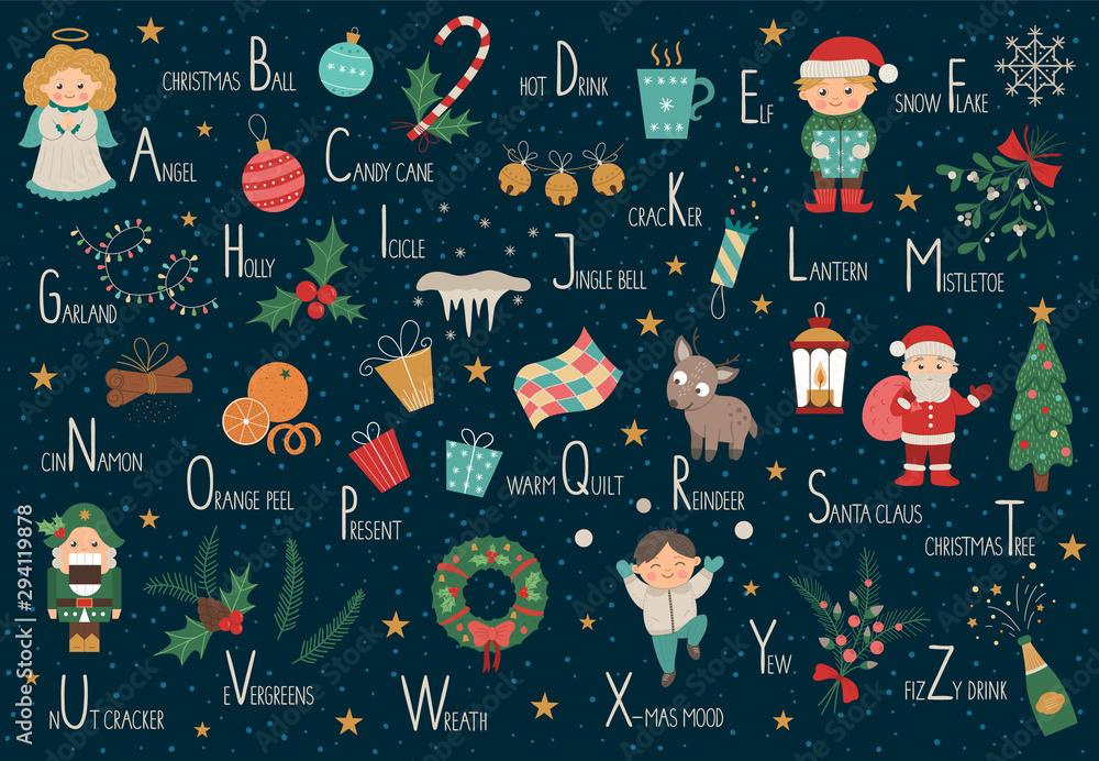 Vector Christmas alphabet for children. Cute flat ABC with new year ...