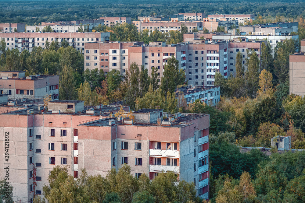 aerial view of the lost city of Pripyat. a lot of empty concrete floors ...