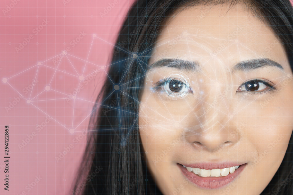 Asian human women face with a virtual Eye HUD interface animation in ...
