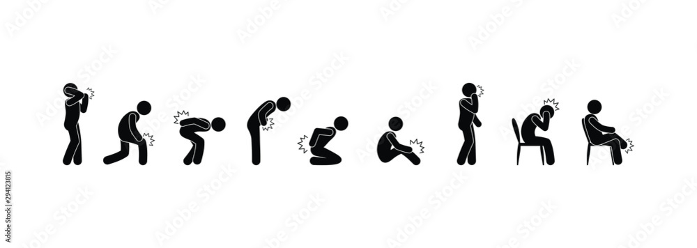 person feels pain, a set of illustrations of the symptoms of various ...