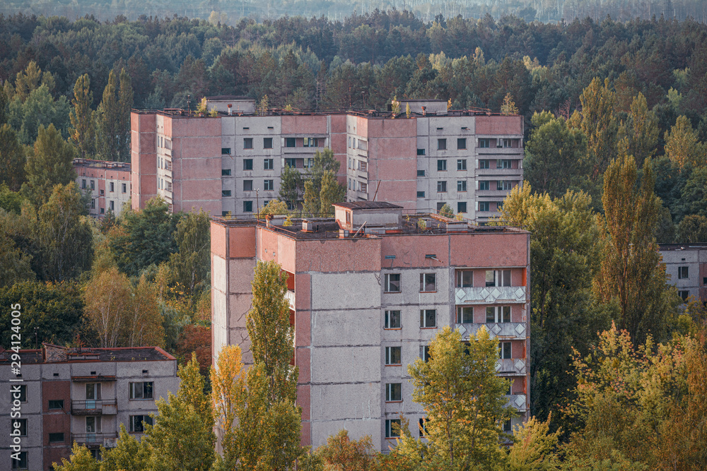 aerial view of the lost city of Pripyat. a lot of empty concrete floors ...