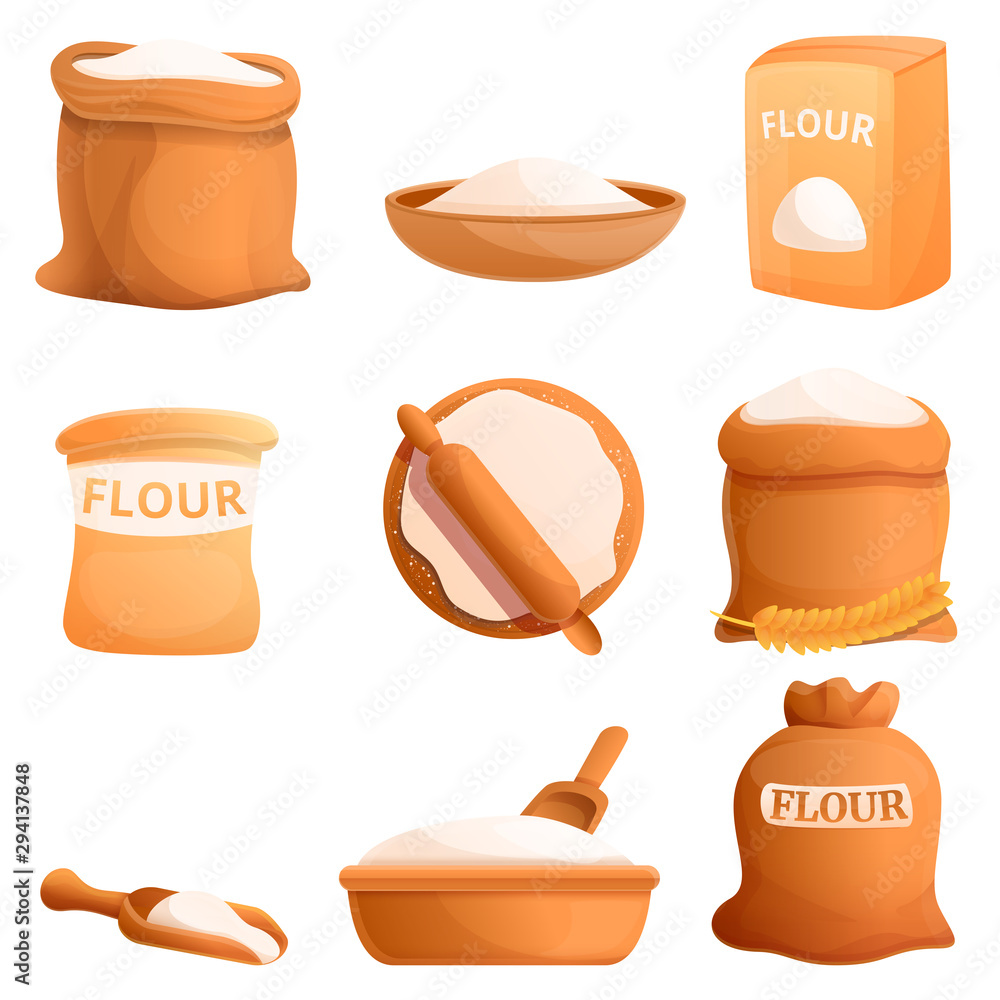 Flour icons set. Cartoon set of flour vector icons for web design Stock ...
