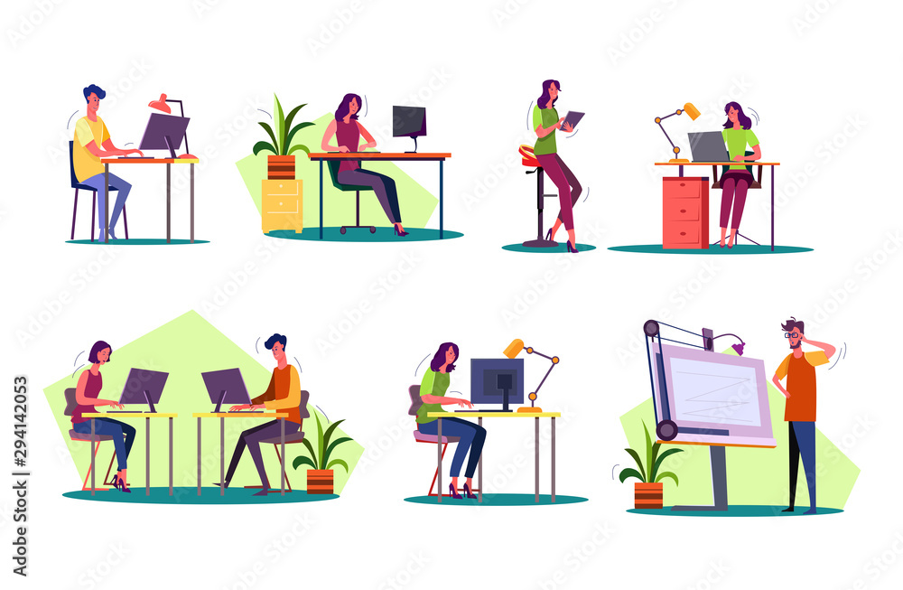 Professional at workplaces set. Man and woman working on desktop ...