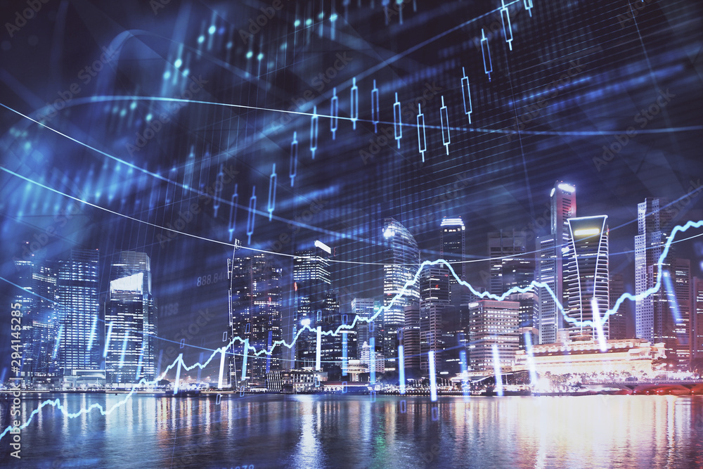 Financial chart on city scape with tall buildings background multi ...