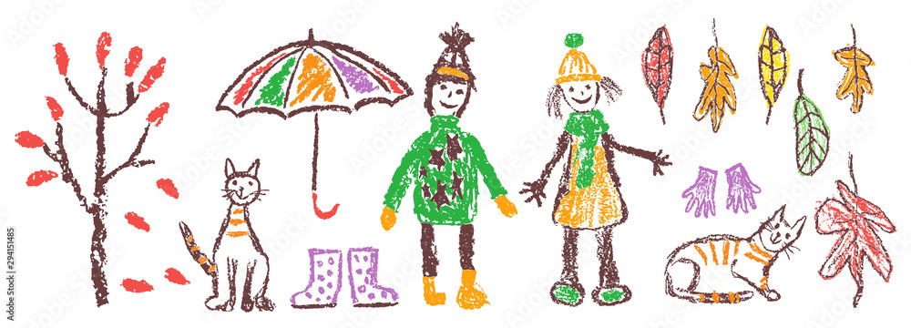 Crayon hand drawing cozy autumn knolling style set. Boy, girl, cat ...