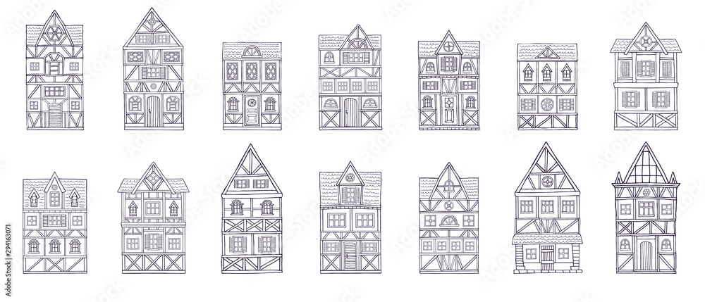 German houses collection, simple sketch style line fasade front view ...