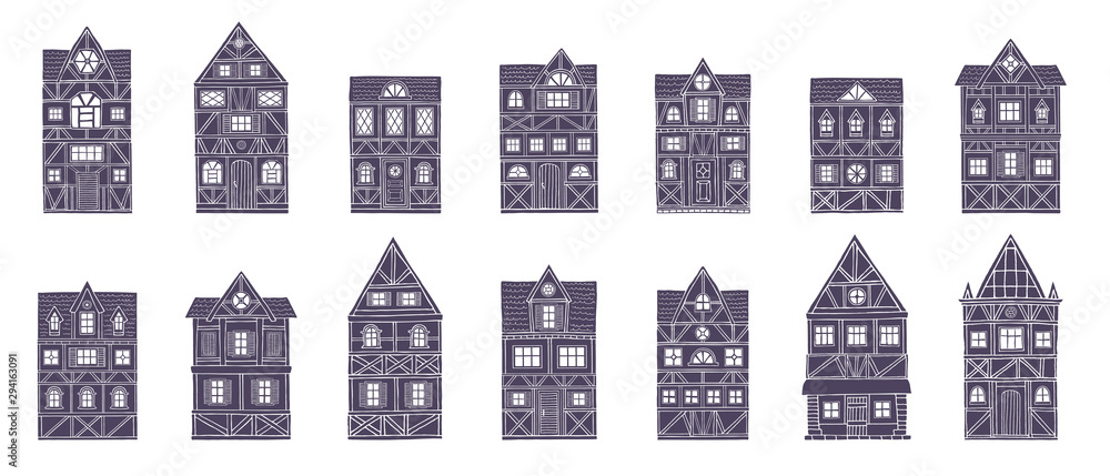 German houses collection, simple sketch style line fasade front view ...