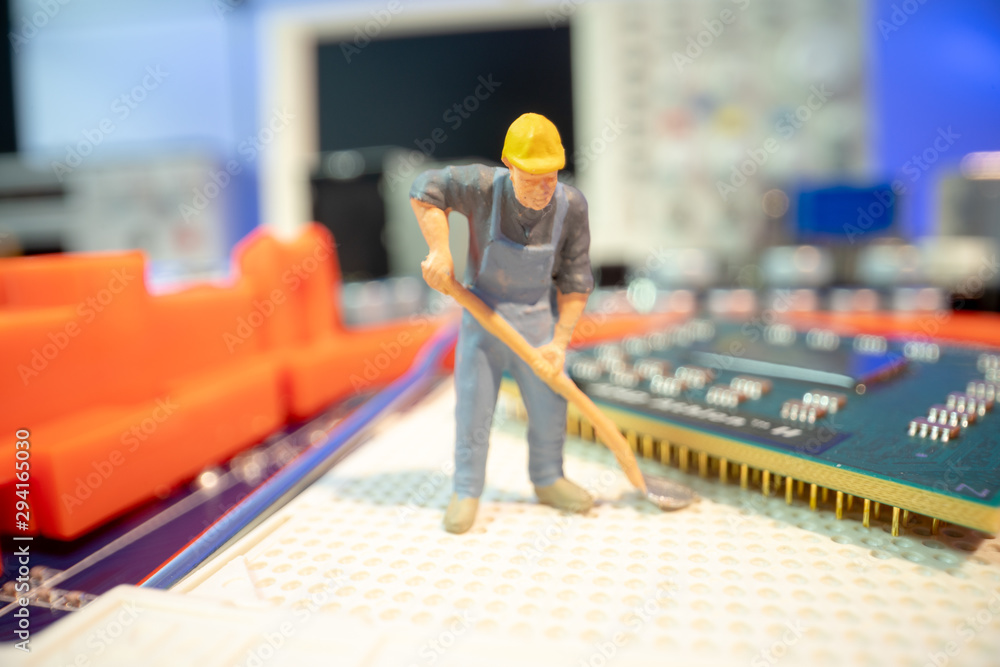 Miniature repair man mainboard, Miniature worker team try to repair cpu ...