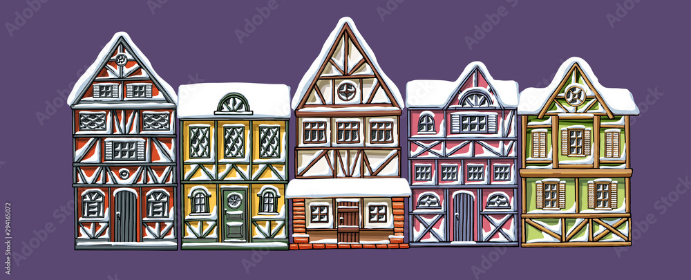 German houses winter cartoon collection urban snow landscape front view ...