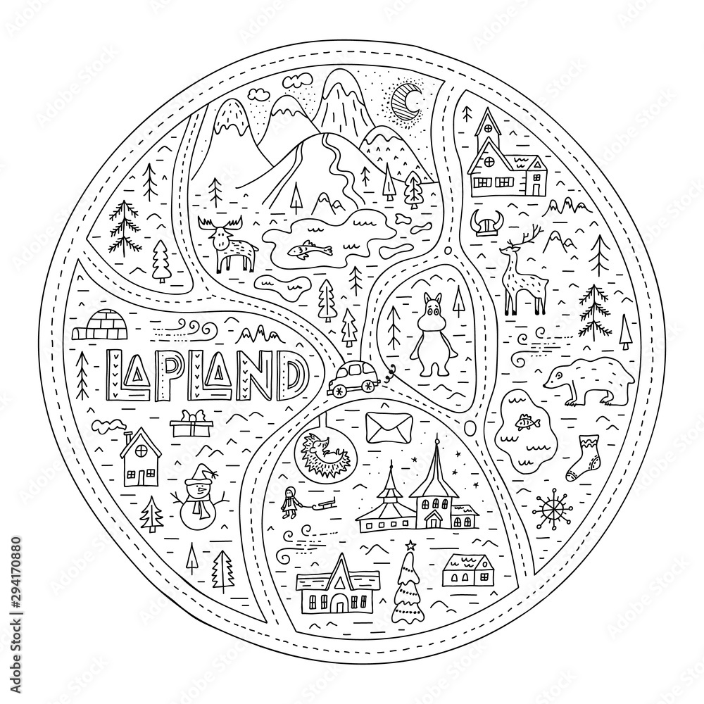 Hand-drawn map of Lapland. City map with famous tourist attractions and ...