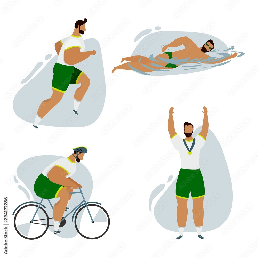 Triathlon vector set. Athletic man running, biking, swimming and ...